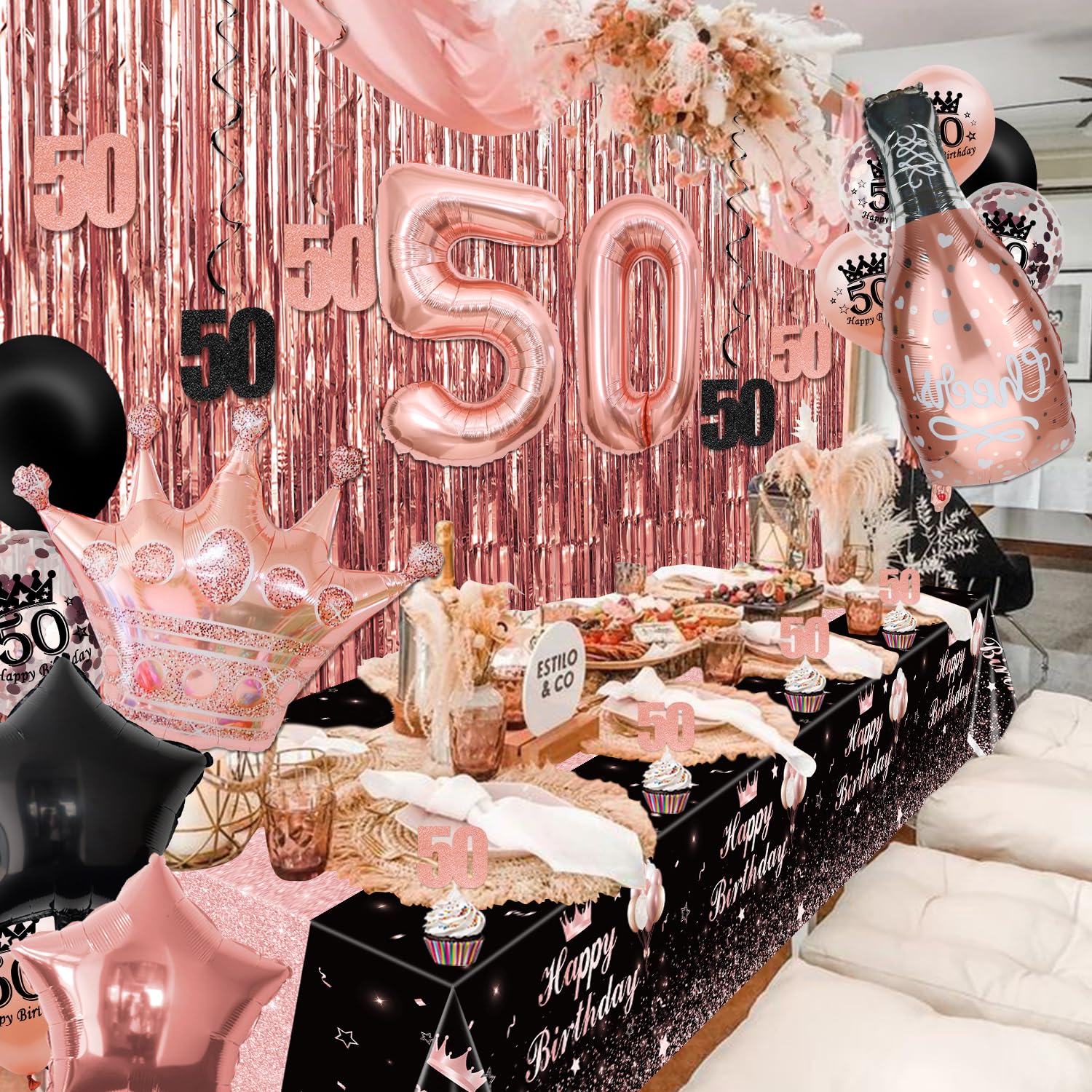 50th Black and Rose Gold Party Decorations - Happy Birthday Banner, Pennant, Birthday Balloons, Fringe Curtains, Tablecloth, Cake Topper, Hanging Swirls 50th Birthday Decorations for Women Princess