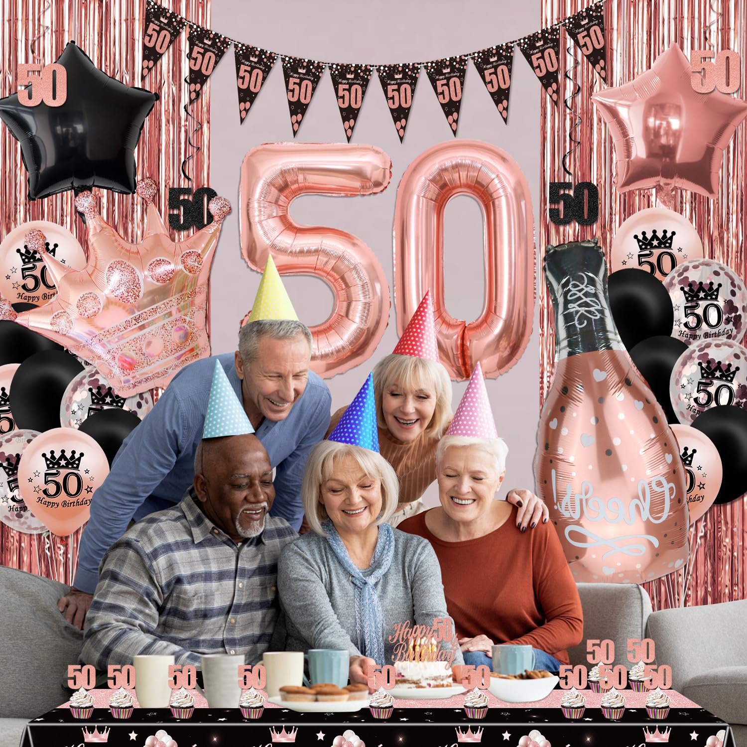 50th Black and Rose Gold Party Decorations - Happy Birthday Banner, Pennant, Birthday Balloons, Fringe Curtains, Tablecloth, Cake Topper, Hanging Swirls 50th Birthday Decorations for Women Princess