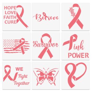 9 pcs breast cancer raise awareness ribbon stencils, reusable stencils including believe/pink power/survivor for painting on wood cloth face body survivor gifts for breast cancer event 6"x6"