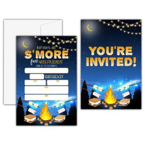 kfner camping s'mores birthday invitations, slumber party invitation card boy girl, backyard bonfire birthday party favors & celebration supplies (20 set of invitations with envelopes) -c18