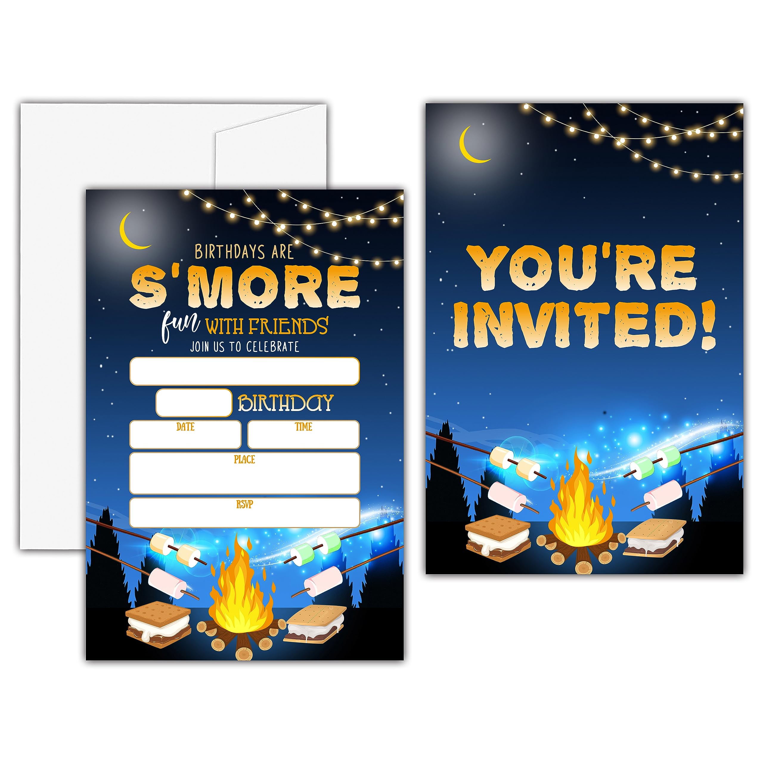 KFNER Camping S'mores Birthday Invitations, Slumber Party Invitation Card Boy Girl, Backyard Bonfire Birthday Party Favors & Celebration Supplies (20 Set of Invitations with Envelopes) -C18