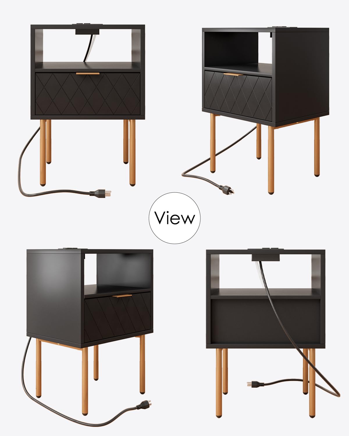 Aobafuir Nightstand with Charging Station, Drawer Dresser for Bedroom, Small Side Table with Drawer, Night Stand, End Table with Gold Frame for Bedroom, Living Room, Diamond Black