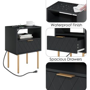 Aobafuir Nightstand with Charging Station, Drawer Dresser for Bedroom, Small Side Table with Drawer, Night Stand, End Table with Gold Frame for Bedroom, Living Room, Diamond Black