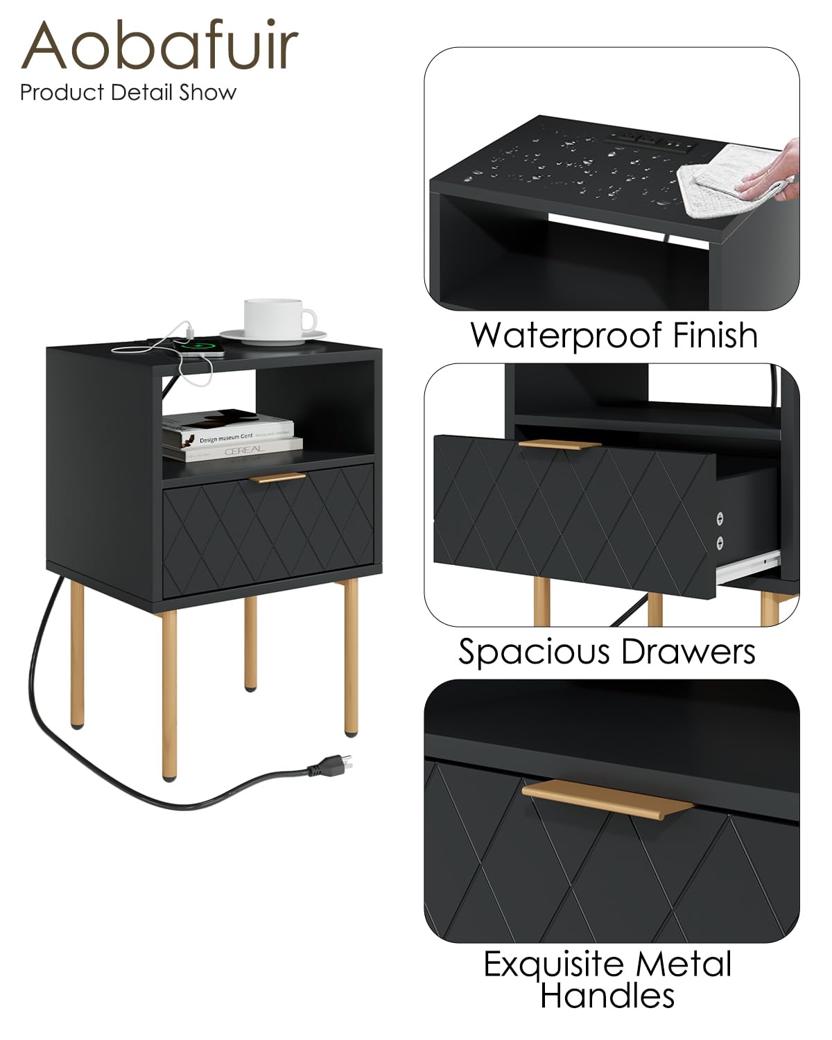 Aobafuir Nightstand with Charging Station, Drawer Dresser for Bedroom, Small Side Table with Drawer, Night Stand, End Table with Gold Frame for Bedroom, Living Room, Diamond Black