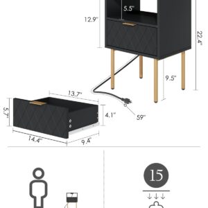 Aobafuir Nightstand with Charging Station, Drawer Dresser for Bedroom, Small Side Table with Drawer, Night Stand, End Table with Gold Frame for Bedroom, Living Room, Diamond Black