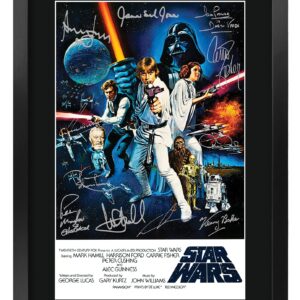 HWC Trading Star Wars a New Hope Movie Poster Cast Signed 16" x 12" Framed Gift Printed Autograph Film Mark Hamill Harrison Ford Carrie Fisher Alec Guinness George Lucas Print Photo Picture Display -