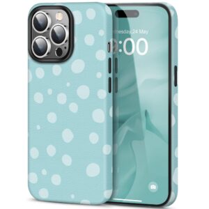 kingflag vegan leather magnetic case for iphone 14 pro max wireless charging, magsafe compatible, metal buttons, shockproof protective phone case cover for women men 6.7" (teal with white dots)