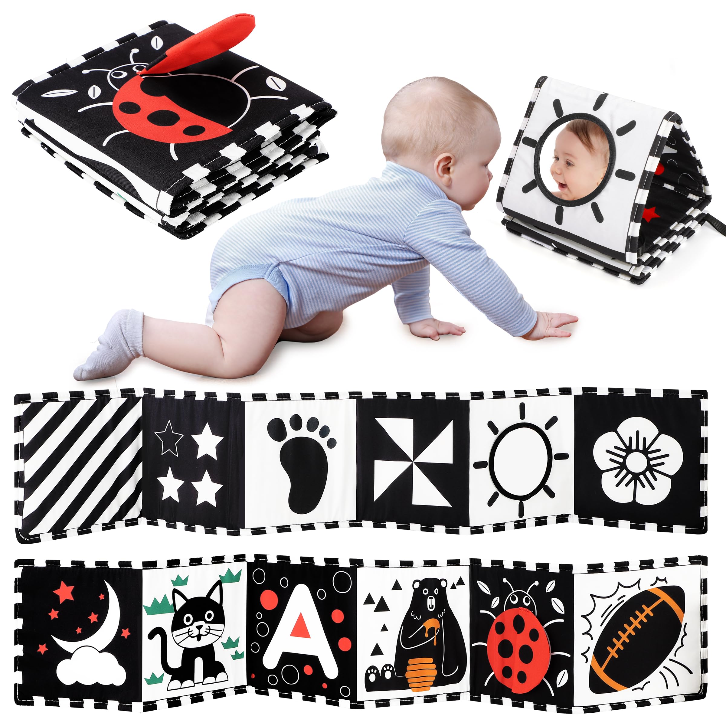 URMYWO Black and White Baby Toys, High Contrast Newborn Toys 0-3 Months Brain Development, Tummy Time Toys, Soft Baby Book, Infant Sensory Toys 0-6-12 Months Visual Stimulation Montessori Toy Gift