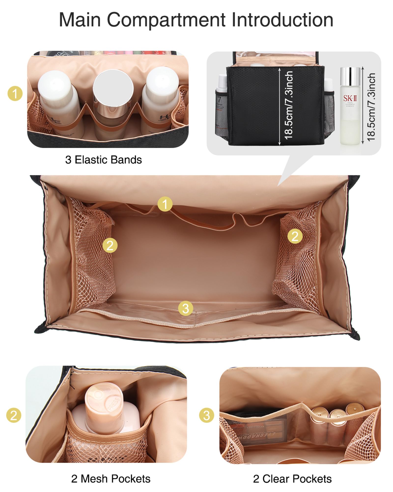 Relavel Hanging Toiletry Bag for Women and Men, Small Travel Bag for Girls Compact Size with Multiple Compartments Waterproof Travel Kit Wash Bag Makeup Storage Organizer Gym Shower Bag Black