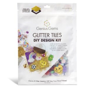 genius gems glitter tiles diy design kit - includes 2 adhesive squares, 1 packet of mixed charms, glitters, and brush - sticks to magnetic tiles!