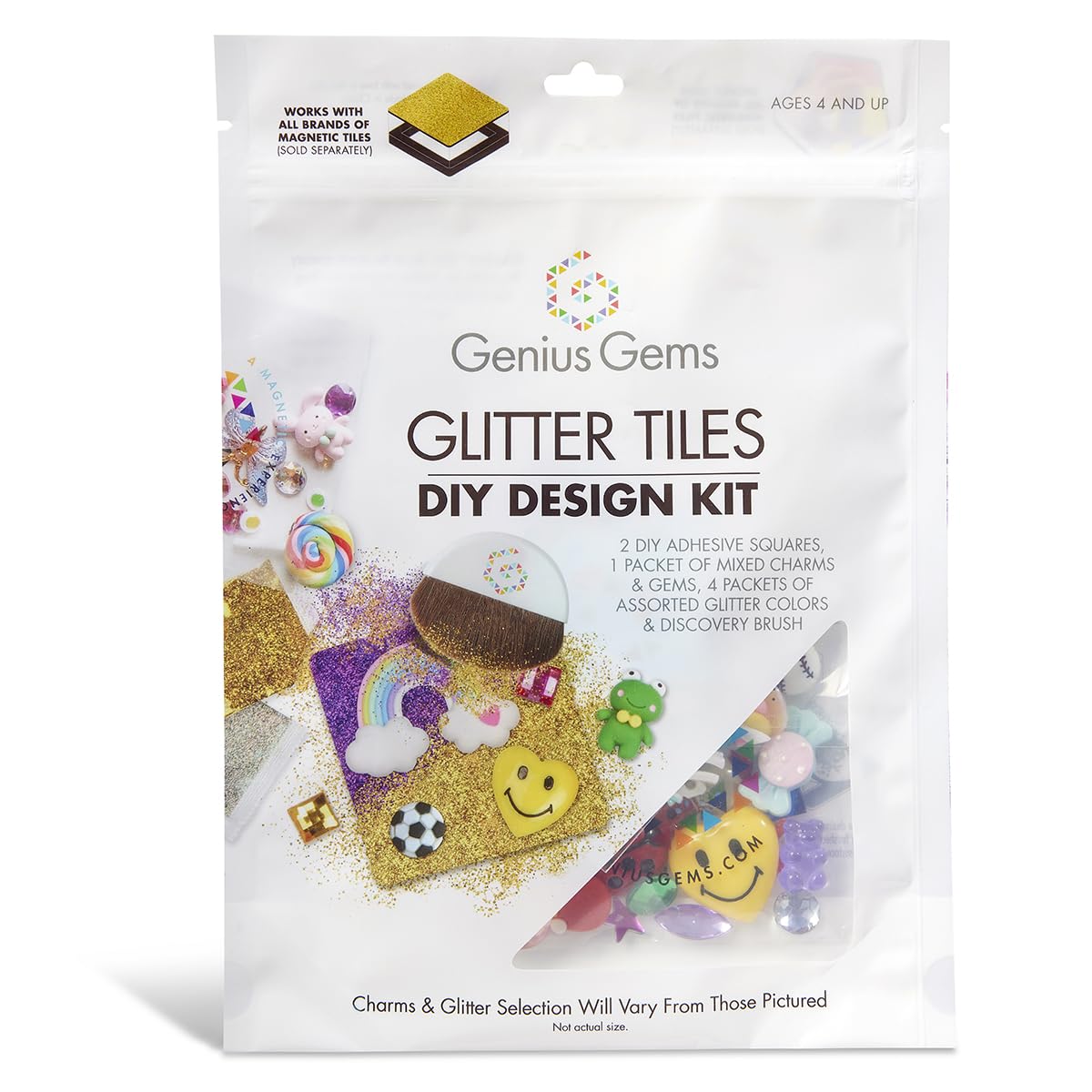 Genius Gems Glitter Tiles DIY Design Kit - Includes 2 Adhesive Squares, 1 Packet of Mixed Charms, Glitters, and Brush - Sticks to Magnetic Tiles!