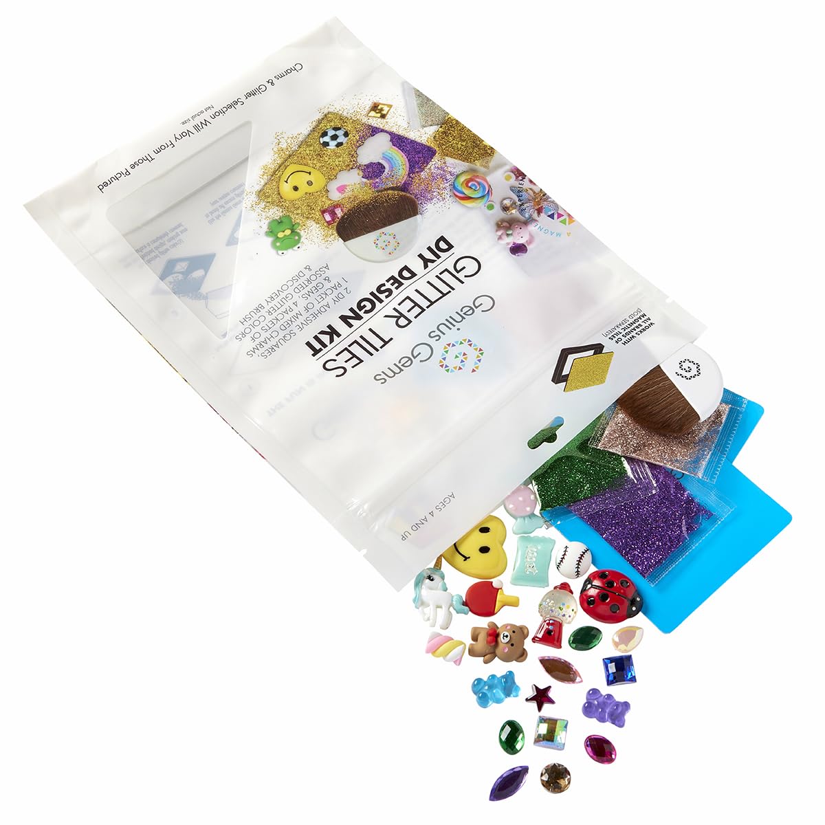 Genius Gems Glitter Tiles DIY Design Kit - Includes 2 Adhesive Squares, 1 Packet of Mixed Charms, Glitters, and Brush - Sticks to Magnetic Tiles!