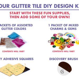 Genius Gems Glitter Tiles DIY Design Kit - Includes 2 Adhesive Squares, 1 Packet of Mixed Charms, Glitters, and Brush - Sticks to Magnetic Tiles!