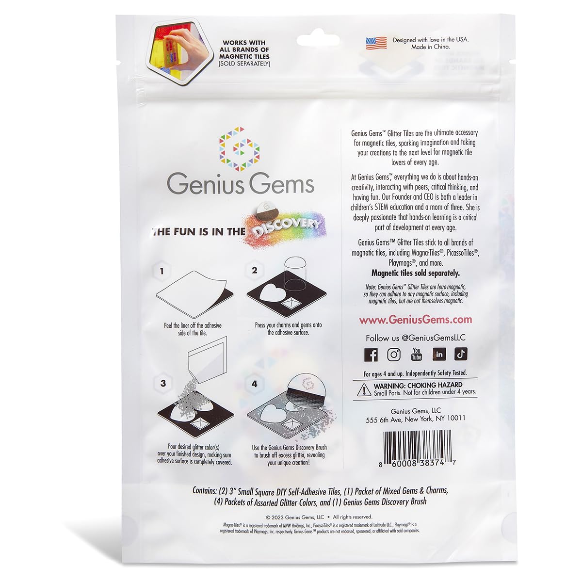 Genius Gems Glitter Tiles DIY Design Kit - Includes 2 Adhesive Squares, 1 Packet of Mixed Charms, Glitters, and Brush - Sticks to Magnetic Tiles!