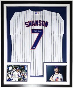 dansby swanson signed authentic 2023 chicago cubs jersey - psa dna coa authenticated - professionally framed & walk off home run photo 34x42