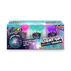 so slime light-up cosmic crunch 3pk; slime activated light will glow and change colors; illuminated slime; included 3 premade slimes with reusable containers, confetti decorations, and an led light