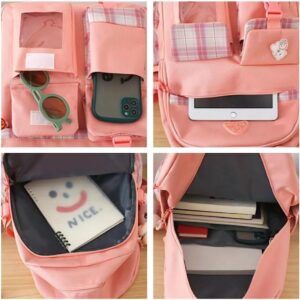 5 pcs Cute Aesthetic Backpack Set with Pins and Pendant Large Kawaii Japanese Style College Laptop Bookbag Preppy Backpack (Black,One Size)