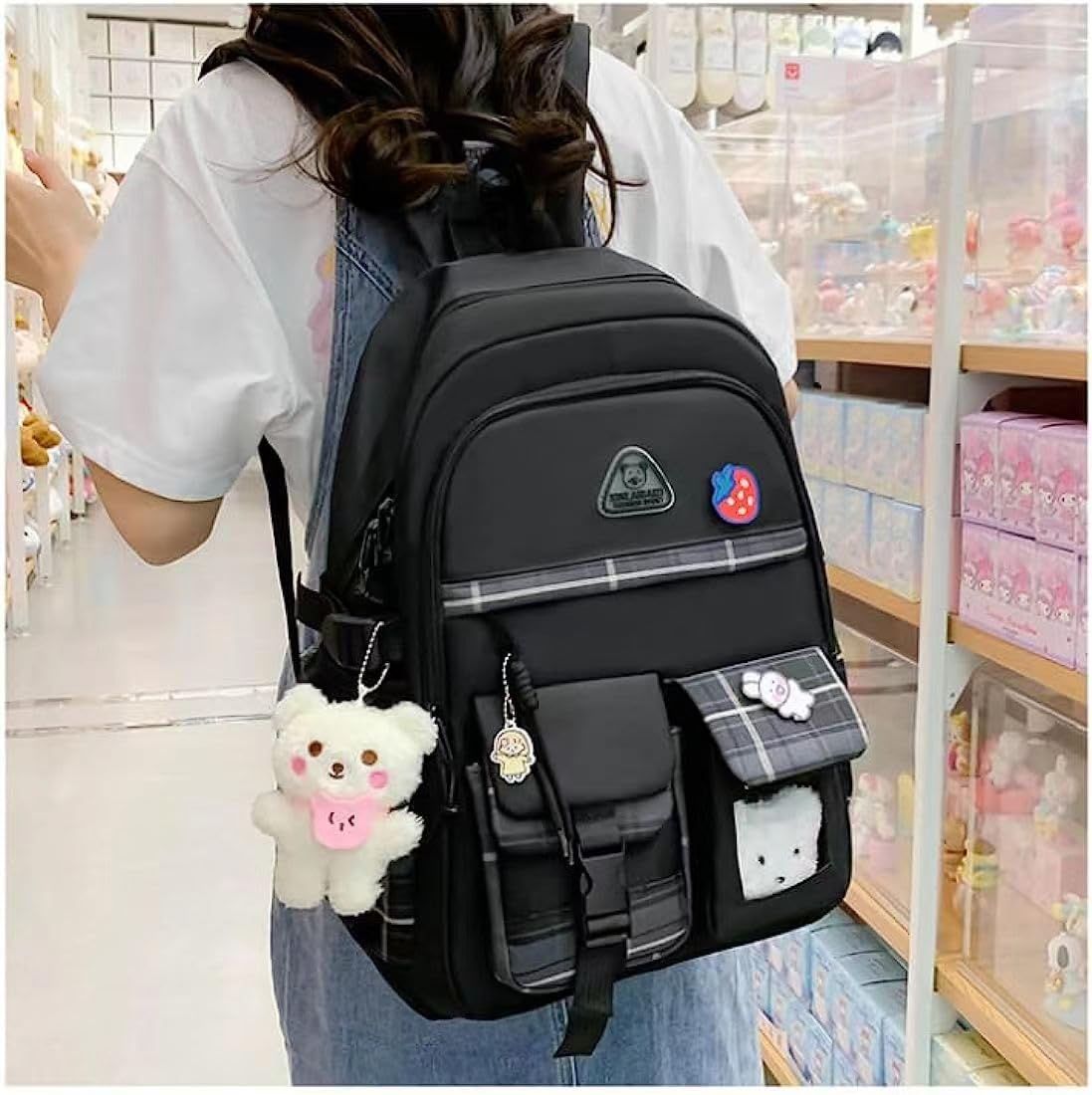 5 pcs Cute Aesthetic Backpack Set with Pins and Pendant Large Kawaii Japanese Style College Laptop Bookbag Preppy Backpack (Black,One Size)