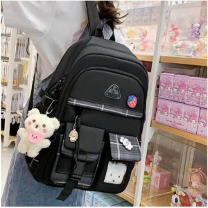 5 pcs Cute Aesthetic Backpack Set with Pins and Pendant Large Kawaii Japanese Style College Laptop Bookbag Preppy Backpack (Black,One Size)