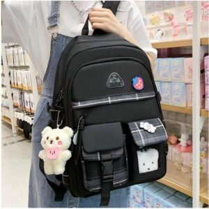 5 pcs Cute Aesthetic Backpack Set with Pins and Pendant Large Kawaii Japanese Style College Laptop Bookbag Preppy Backpack (Black,One Size)