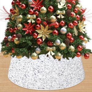 fuhsy sequin christmas tree collar white christmas tree skirt 23.6 inch diameter round glittery sequin tree skirts velvet xmas tree ring box christmas santa tree stand base cover for winter holiday