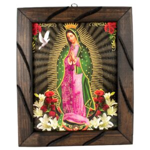 Mrcjsales- Our Lady of Guadalupe image with dove an flowers in rustic frame, Oil painting, 24''x36'', 13''x18'', 10''x12'' inches, religious art image, Virgen de Guadalupe con paloma y flores, Cuadro rustico , Home decor, wall decor, church events, gifts