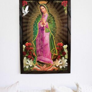 Mrcjsales- Our Lady of Guadalupe image with dove an flowers in rustic frame, Oil painting, 24''x36'', 13''x18'', 10''x12'' inches, religious art image, Virgen de Guadalupe con paloma y flores, Cuadro rustico , Home decor, wall decor, church events, gifts