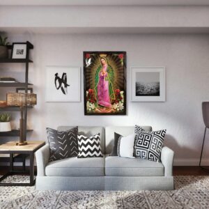 Mrcjsales- Our Lady of Guadalupe image with dove an flowers in rustic frame, Oil painting, 24''x36'', 13''x18'', 10''x12'' inches, religious art image, Virgen de Guadalupe con paloma y flores, Cuadro rustico , Home decor, wall decor, church events, gifts