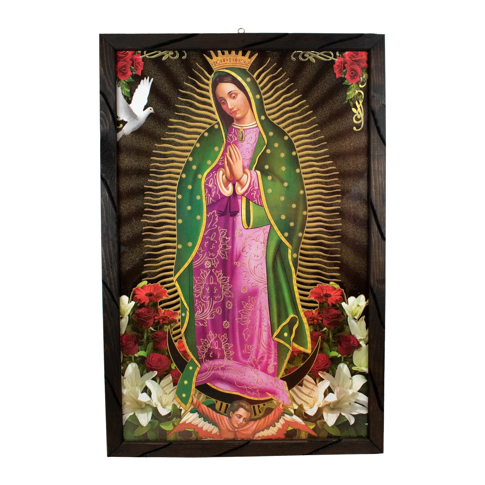 Mrcjsales- Our Lady of Guadalupe image with dove an flowers in rustic frame, Oil painting, 24''x36'', 13''x18'', 10''x12'' inches, religious art image, Virgen de Guadalupe con paloma y flores, Cuadro rustico , Home decor, wall decor, church events, gifts