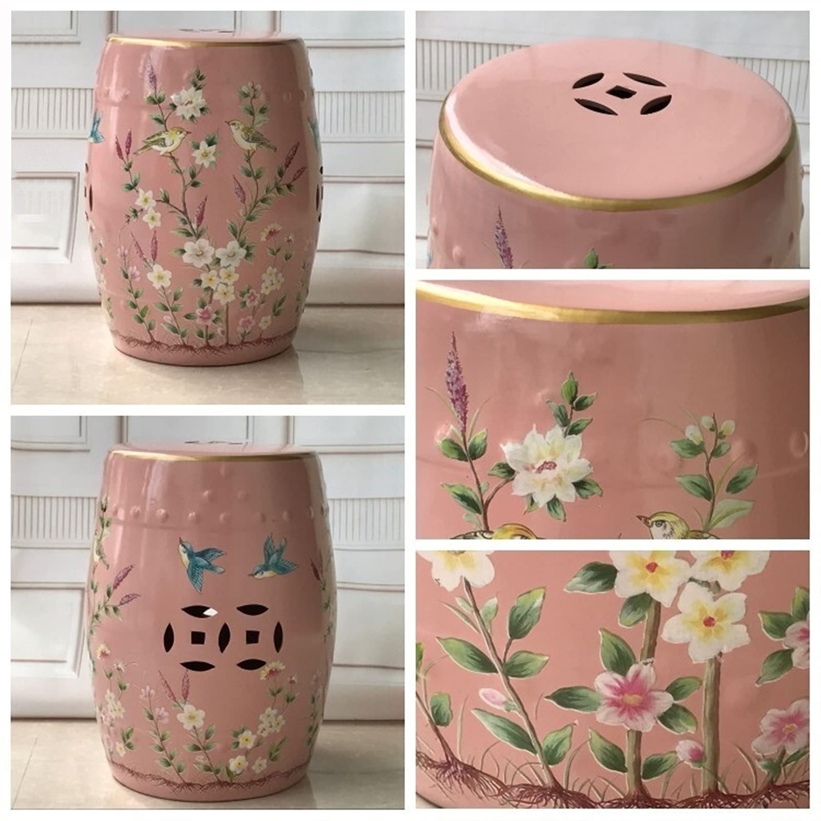 JCAKES Rustic Ceramic Chinese Stool, Pink, Ceramic Painted Craft, Handmade, Suitable for Garden, Bedroom, Terrace, Backyard Decoration.