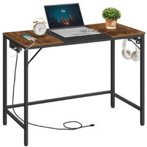 hoobro computer desk, home office desk with power outlet, modern study writing desk with 3 hooks for study room, home office, sturdy and stable, easy to assemble, rustic brown and black bf41udn01