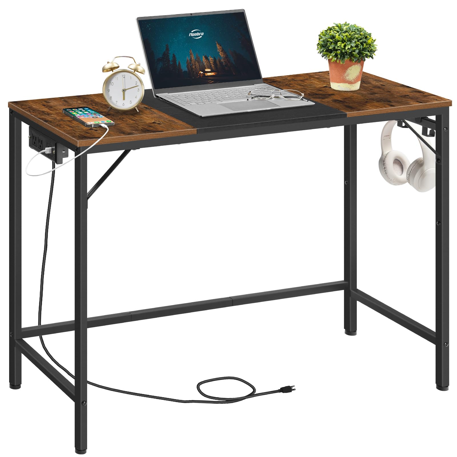 HOOBRO Computer Desk, Home Office Desk with Power Outlet, Modern Study Writing Desk with 3 Hooks for Study Room, Home Office, Sturdy and Stable, Easy to Assemble, Rustic Brown and Black BF41UDN01