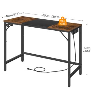 HOOBRO Computer Desk, Home Office Desk with Power Outlet, Modern Study Writing Desk with 3 Hooks for Study Room, Home Office, Sturdy and Stable, Easy to Assemble, Rustic Brown and Black BF41UDN01