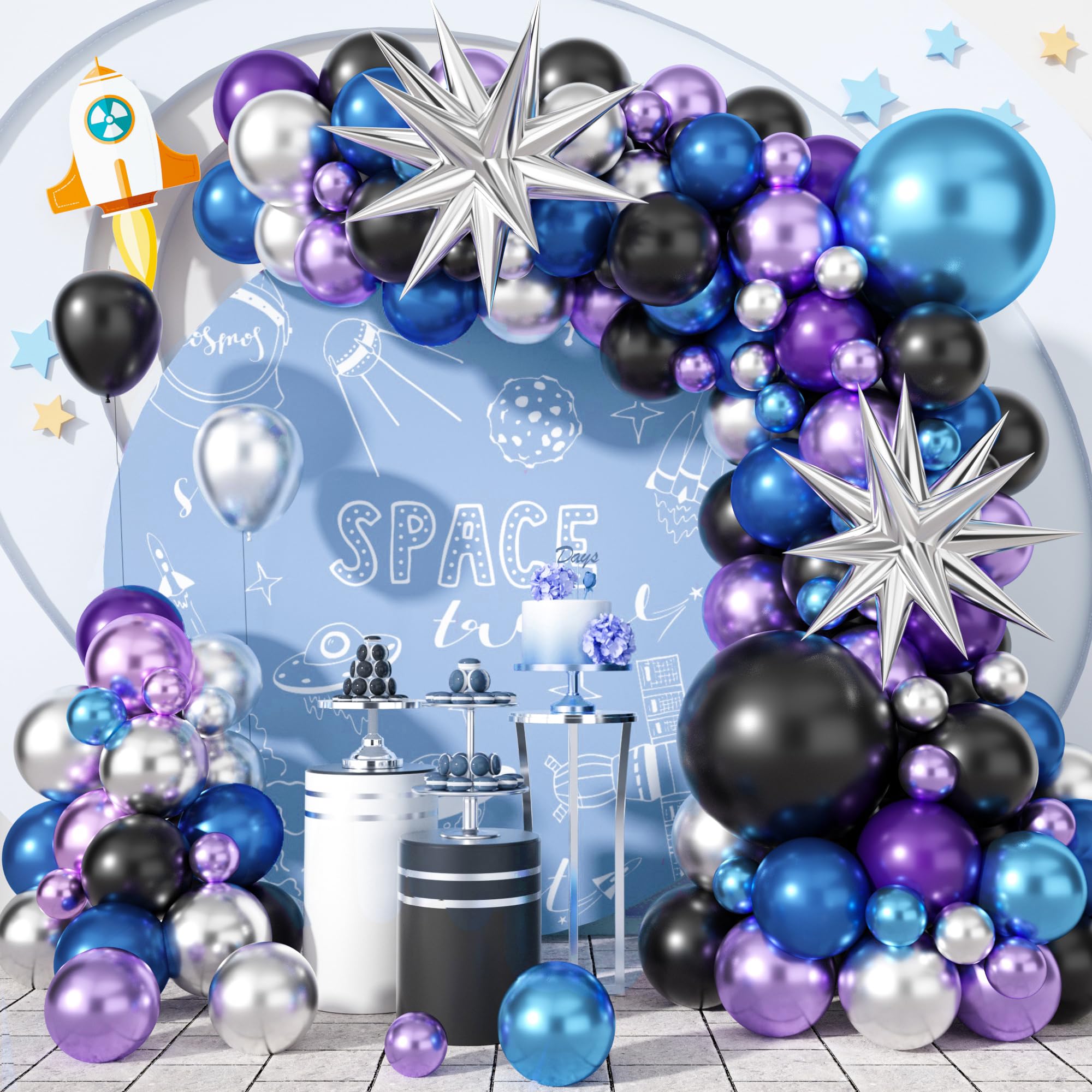 Outer Space Balloon Garland Arch Kit, Galaxy Theme Birthday Party Decorations for Boys, Metallic Chrome Blue Purple Silver Explosion Star Balloon Garland Kit for Kids Baby Shower Party Decor Supplies