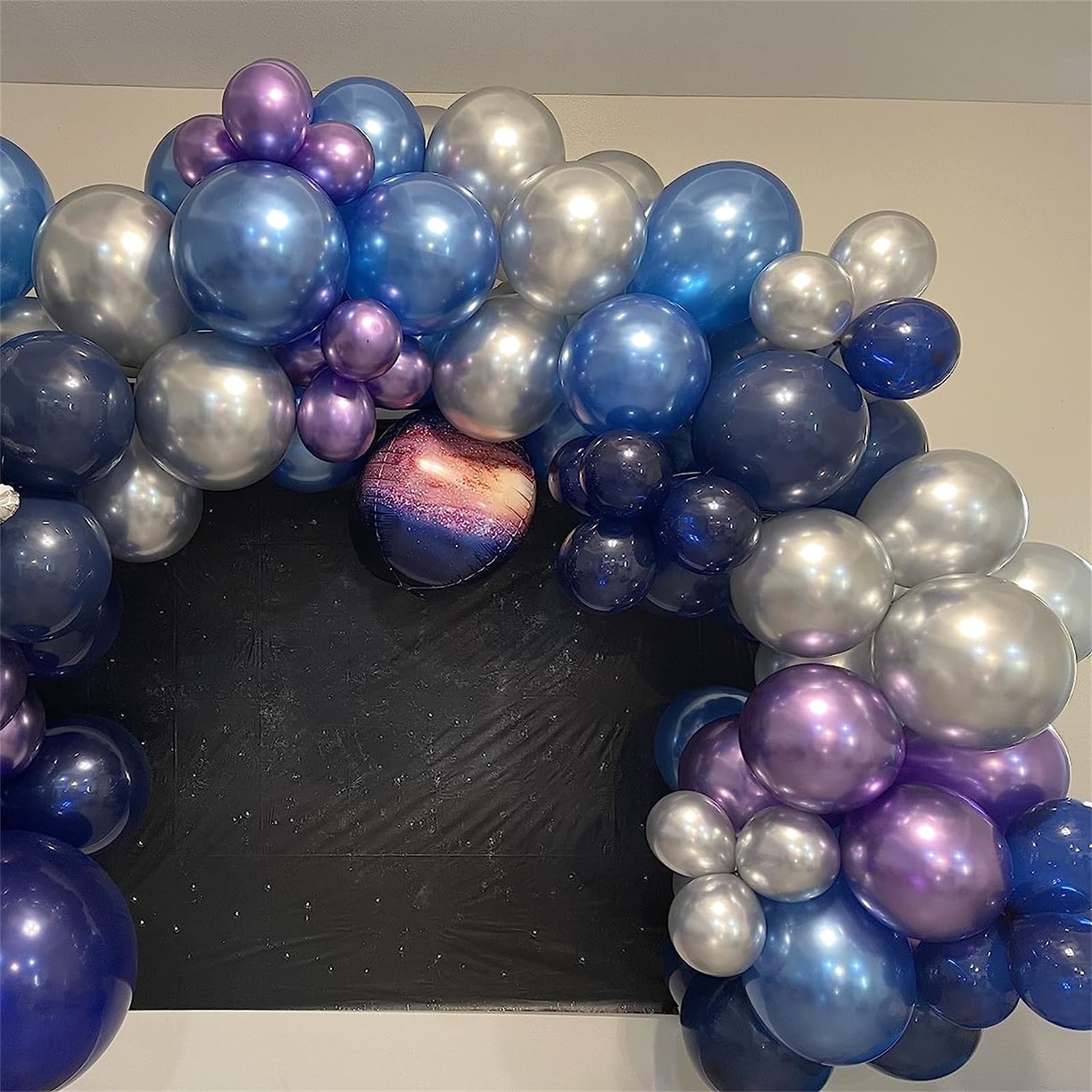 Outer Space Balloon Garland Arch Kit, Galaxy Theme Birthday Party Decorations for Boys, Metallic Chrome Blue Purple Silver Explosion Star Balloon Garland Kit for Kids Baby Shower Party Decor Supplies