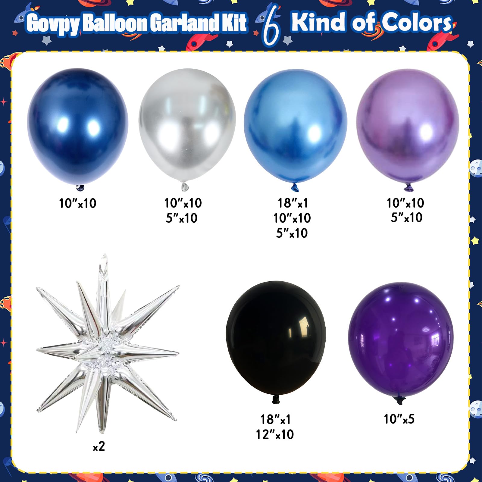 Outer Space Balloon Garland Arch Kit, Galaxy Theme Birthday Party Decorations for Boys, Metallic Chrome Blue Purple Silver Explosion Star Balloon Garland Kit for Kids Baby Shower Party Decor Supplies