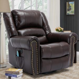 vivijason massage swivel rocker recliner chair with heat & vibration, 360° swivel manual glider rocking reclining chair with 2 remote controls, side pockets & usb ports for living room, brown