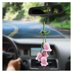 kewucn car mirror hanging accessories, bellflower hand knitted auto pendant, vehicle rear view mirror hanging ornament decoration, suitable for car, handbag, backpacks, keychain (pink)