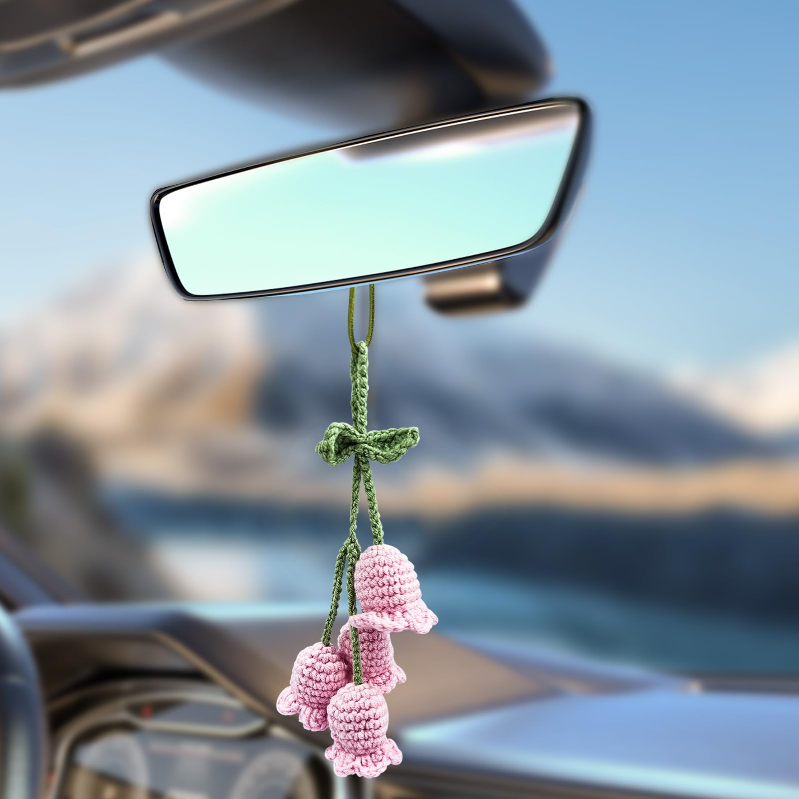 Kewucn Car Mirror Hanging Accessories, Bellflower Hand Knitted Auto Pendant, Vehicle Rear View Mirror Hanging Ornament Decoration, Suitable for Car, Handbag, Backpacks, Keychain (Pink)