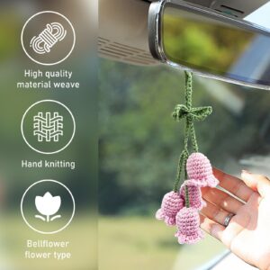 Kewucn Car Mirror Hanging Accessories, Bellflower Hand Knitted Auto Pendant, Vehicle Rear View Mirror Hanging Ornament Decoration, Suitable for Car, Handbag, Backpacks, Keychain (Pink)