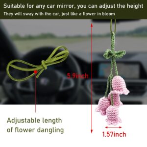 Kewucn Car Mirror Hanging Accessories, Bellflower Hand Knitted Auto Pendant, Vehicle Rear View Mirror Hanging Ornament Decoration, Suitable for Car, Handbag, Backpacks, Keychain (Pink)