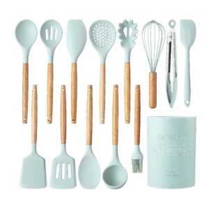 country kitchen silicone cooking utensils, 14 pc kitchen utensil set, easy to clean wooden kitchen utensils, cooking utensils for nonstick cookware, kitchen gadgets and spatula set