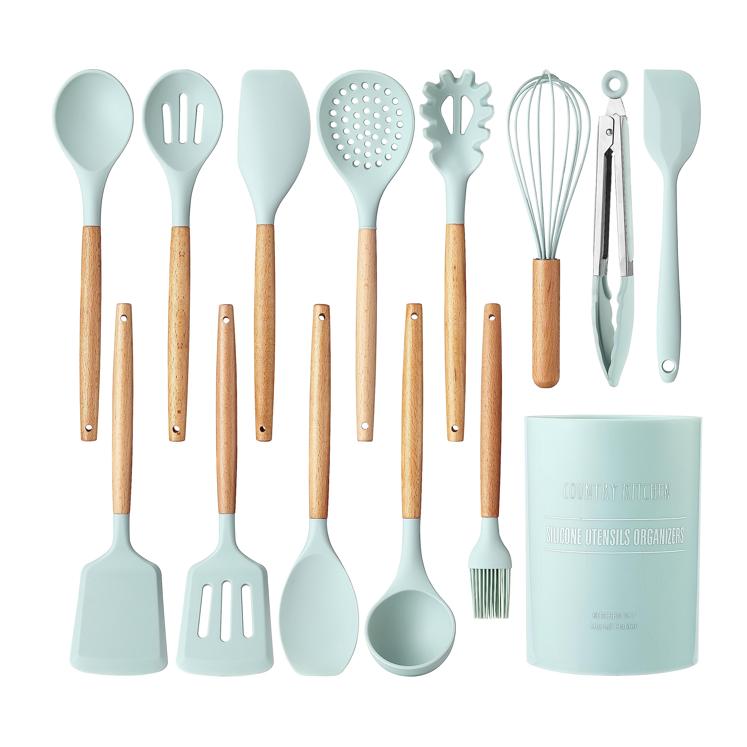 Country Kitchen Silicone Cooking Utensils, 14 Pc Kitchen Utensil Set, Easy to Clean Wooden Kitchen Utensils, Cooking Utensils for Nonstick Cookware, Kitchen Gadgets and Spatula Set