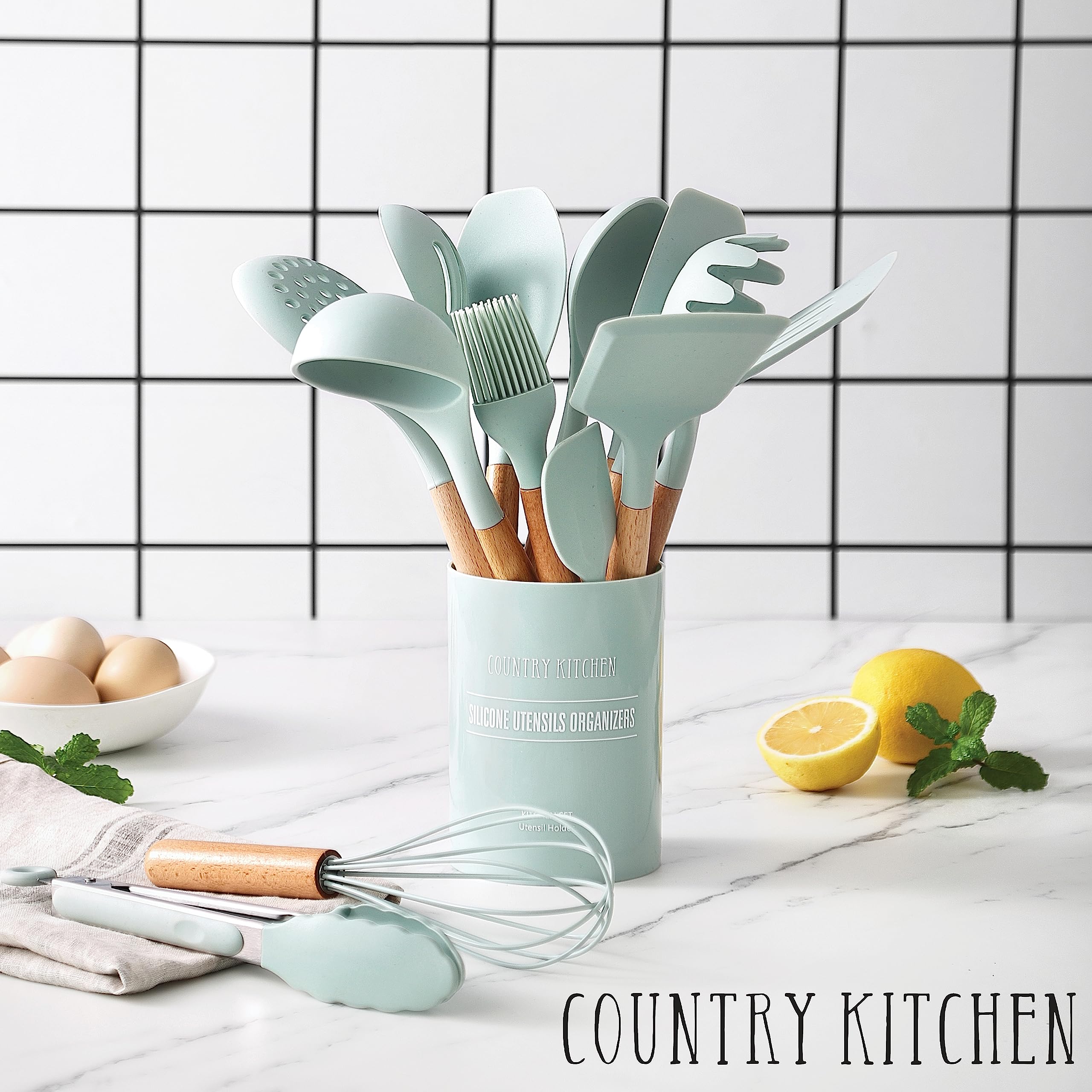 Country Kitchen Silicone Cooking Utensils, 14 Pc Kitchen Utensil Set, Easy to Clean Wooden Kitchen Utensils, Cooking Utensils for Nonstick Cookware, Kitchen Gadgets and Spatula Set