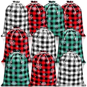 shappy 10 pcs christmas buffalo plaid drawstring bags drawstring gift bags large sacks xmas wrapping bags cotton drawstring bags sack for party favors candies (red, green, black,12 x 16 inch)