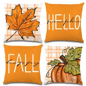 yujun 4 pack fall pillow covers decoration,18x18in buffalo plaid farmhouse pumpkin maple leaves thanksgiving fall throw pillows cushion case couch decor for autumn home outdoor decorations