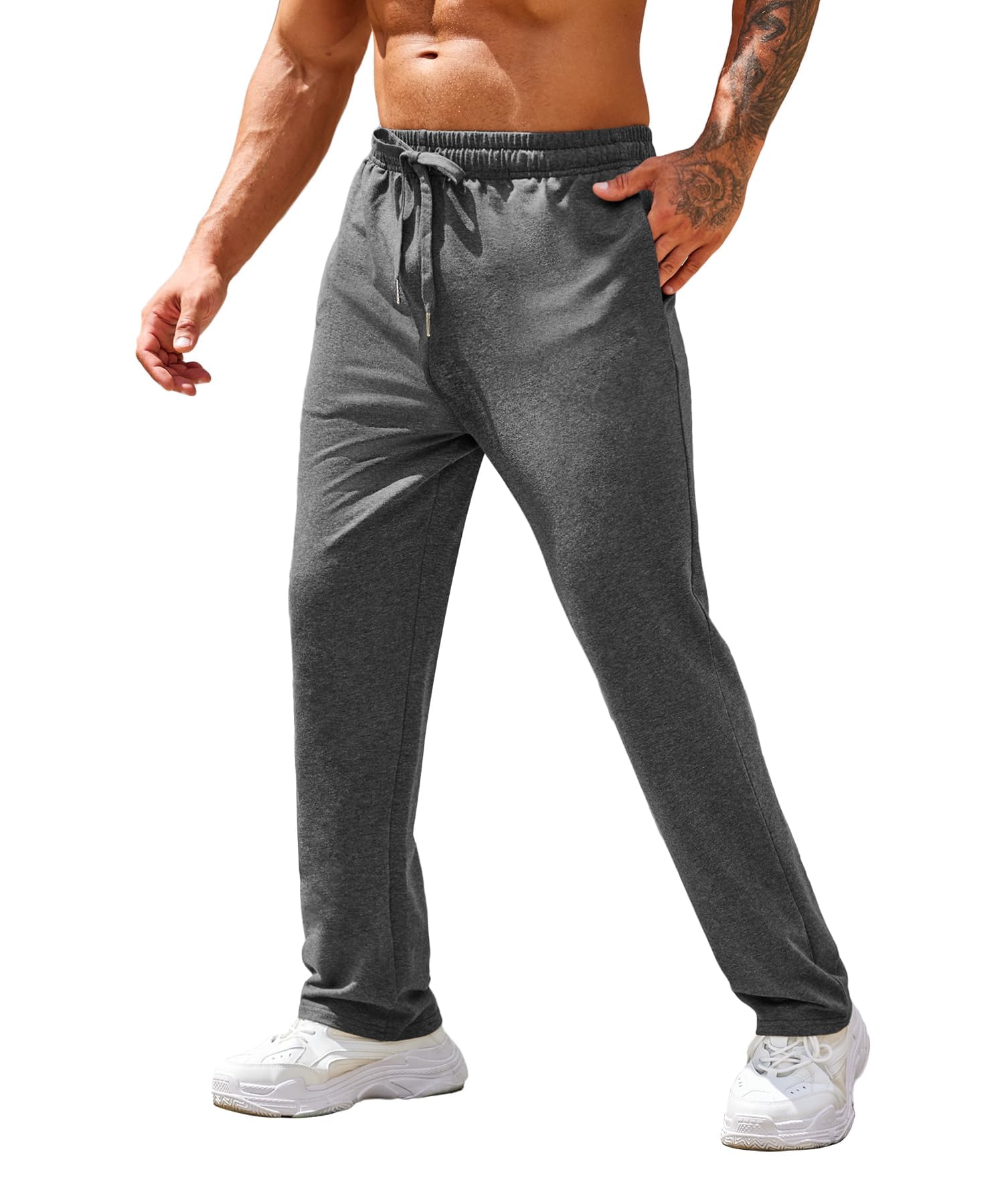 COOFANDY Men's Jersey Sweatpants Open Bottom Casual Cotton Pants Lightweight Loose Fit Trouser with Pockets Dark Grey