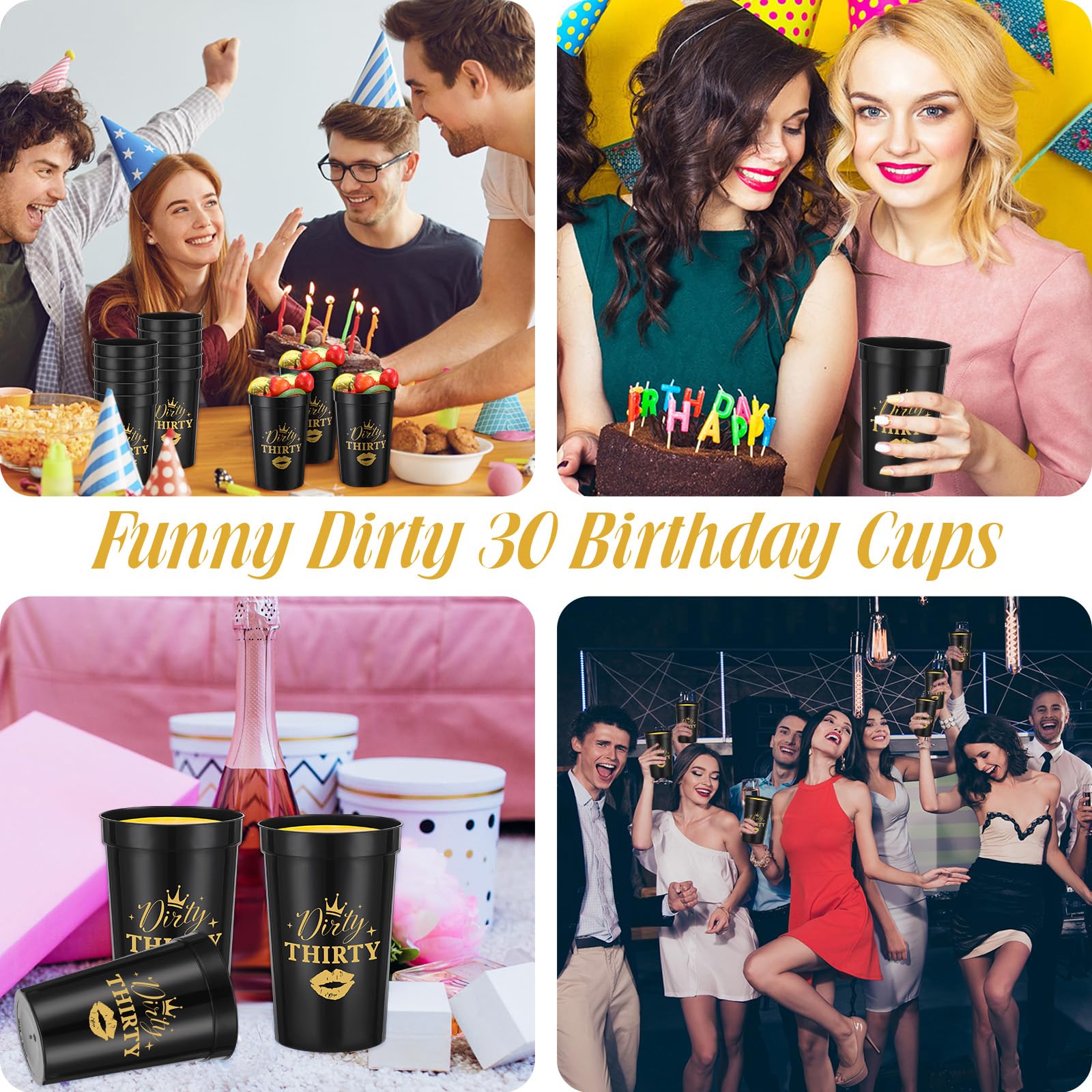 Uiifan 30 Pcs 30th Birthday Party Cups 12 Oz Dirty Thirty Cups 30th Birthday Stadium Cups Plastic Cups for Him Birthday Party Decorations(Black, Gold)