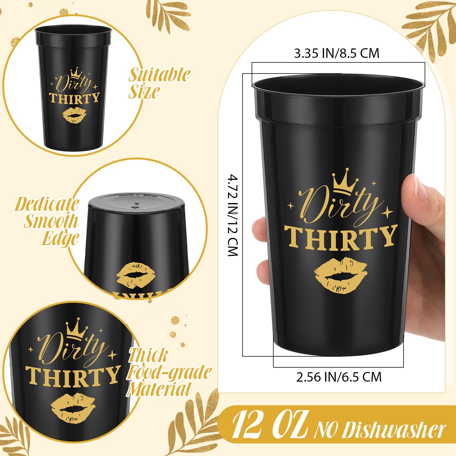 Uiifan 30 Pcs 30th Birthday Party Cups 12 Oz Dirty Thirty Cups 30th Birthday Stadium Cups Plastic Cups for Him Birthday Party Decorations(Black, Gold)