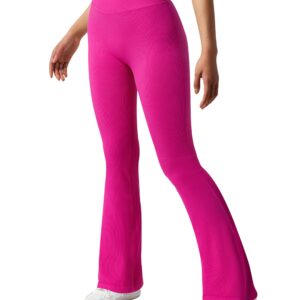 SUUKSESS Women Ribbed Seamless Tummy Control Flare Leggings Bootcut High Waist Workout Yoga Pants 29'' (Hot Pink,M)